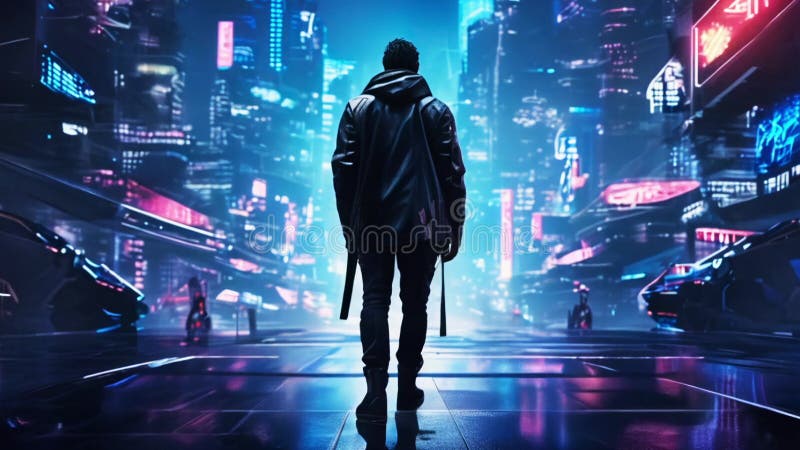 Man Walking in Night Neon City. Stock Footage - Video of future, person ...