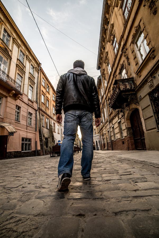 Man Walking by Old Europian City Stock Image - Image of business ...