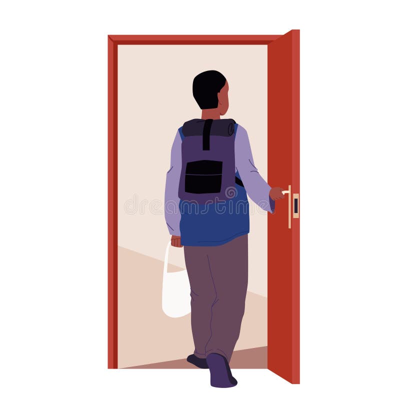 Man Walking through Open Door, Back View of Boy with Backpack Holding ...