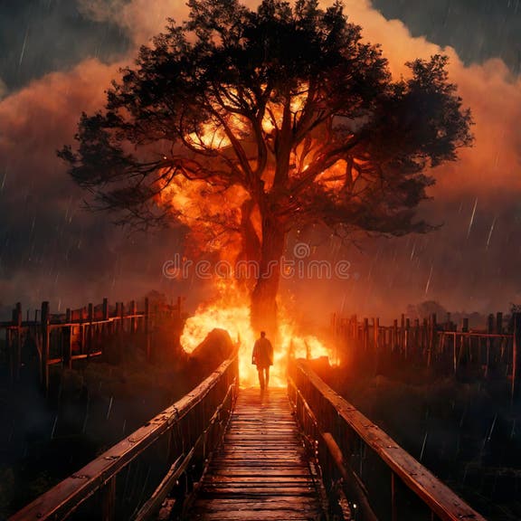 A Man Walking Over the Bridge of Hell Stock Illustration - Illustration ...