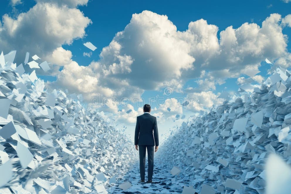 Man Walking through Paper Cloud Landscape Stock Photo - Image of office ...