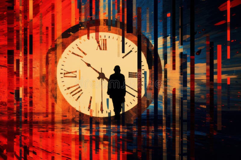 A Man Walking Past a Large Clock in the Middle of an Abstract ...