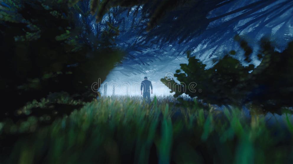 Man Walking on a Path in a Strange Dark Forest with Fog. 3d Rendering ...