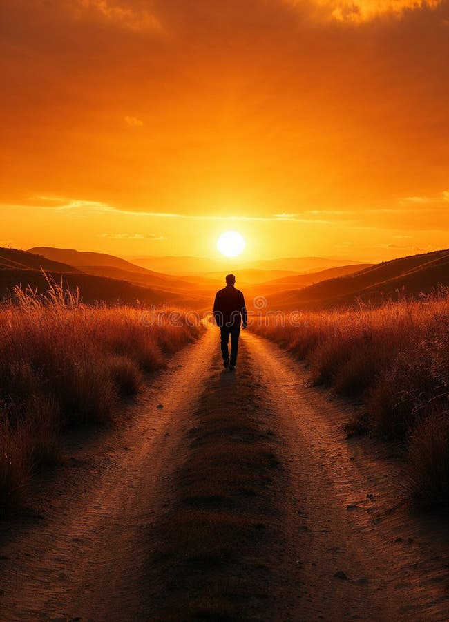 Man Walking on a Path with a Sunset Stock Illustration - Illustration ...