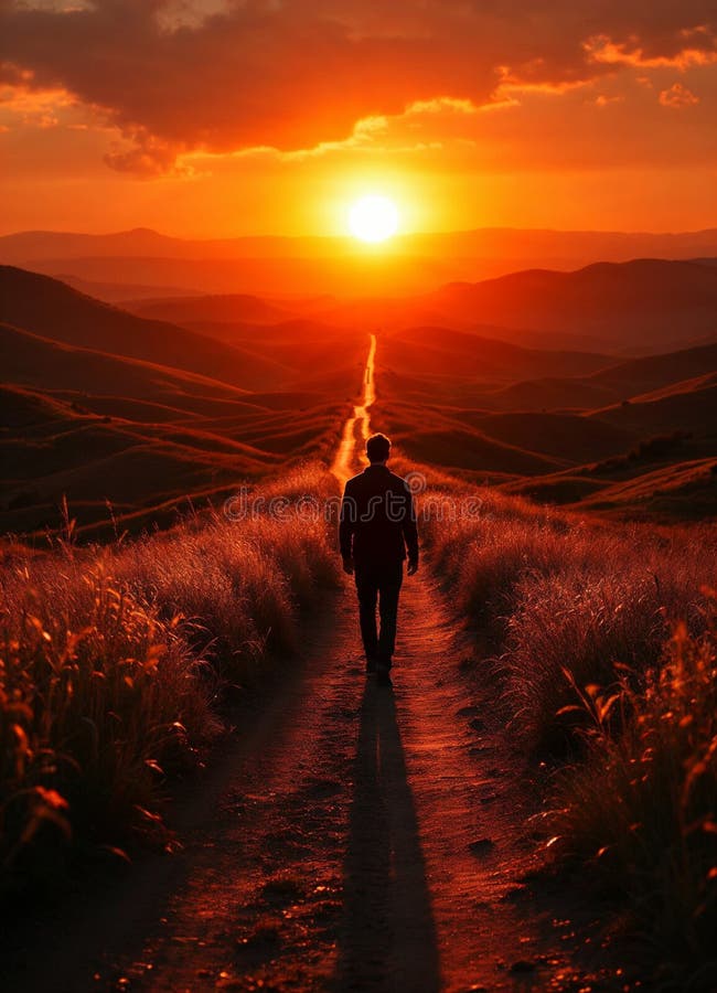 Man Walking on a Path with a Sunset Stock Illustration - Illustration ...