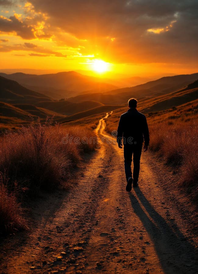 Man Walking on a Path with a Sunset Stock Illustration - Illustration ...