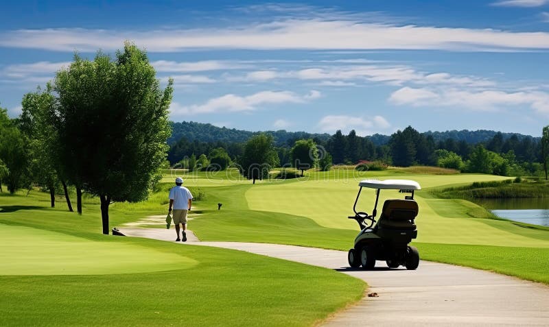 Man Walking on Path Towards Golf Course Stock Photo - Image of greenery ...