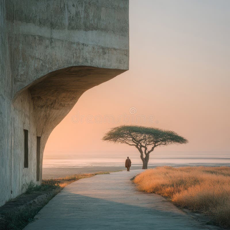 Man Walking on a Paved Path Near Ocean, Parallel To Modern Angular ...
