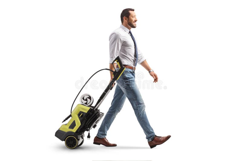Man Walking and Pulling a High Pressure Washer Machine Stock Photo ...