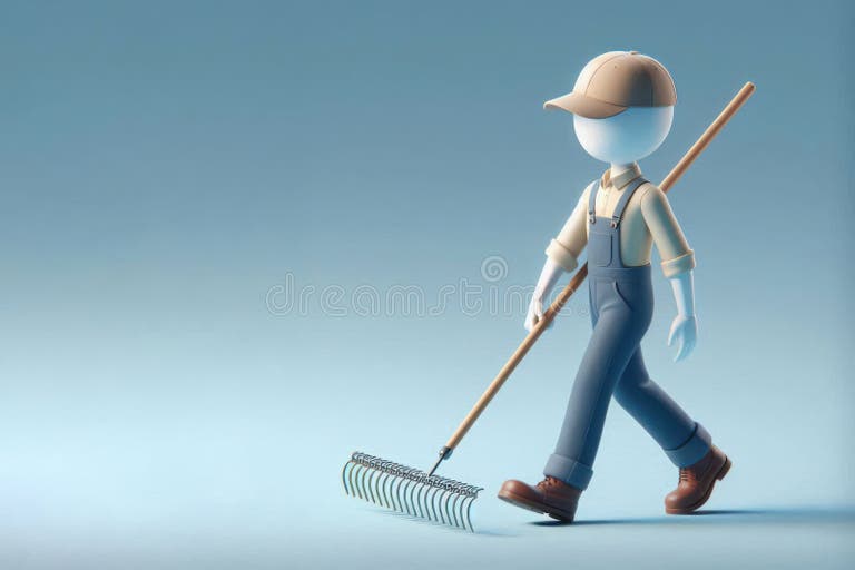 A Man Walking with a Rake on a Clean Background. Space for Text. Stock ...