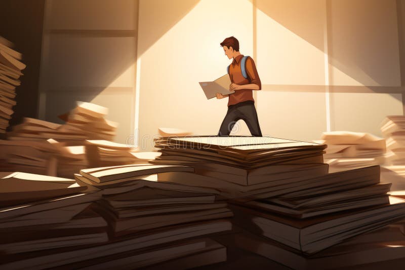 Man is Walking through Room Full of Books and Papers. Generative AI ...