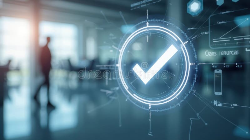 Man is Walking in a Room with a Large Check Mark on the Wall Stock ...