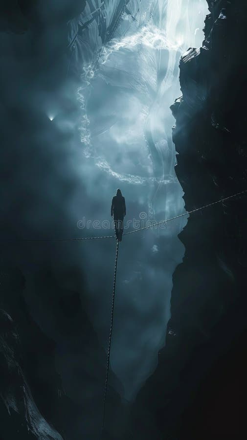 A Man Walking on a Rope in a Dark Cave Stock Photo - Image of dark ...