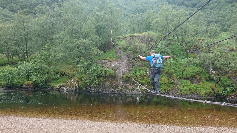 Man Walking on a Rope Over a River Surrounded by a Forest in Daylight ...