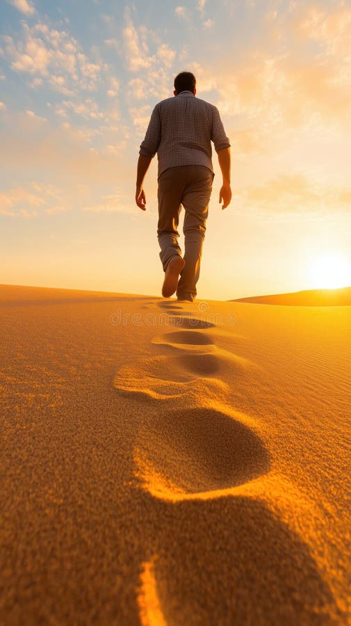 Man Walking on Sand Dune at Sunset, Leaving Footprints Behind Stock ...