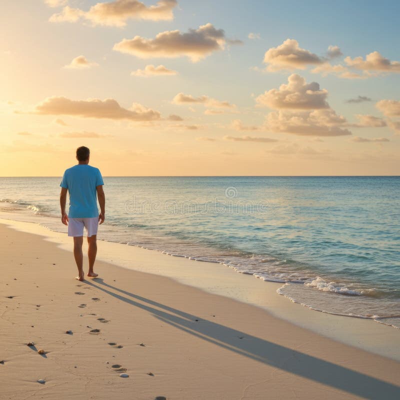 Man Walking on Sandy Beach at Sunset Stock Illustration - Illustration ...
