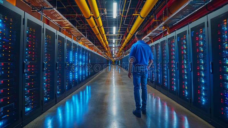Man is Walking through Server Room of Data Center Racks of Servers and ...
