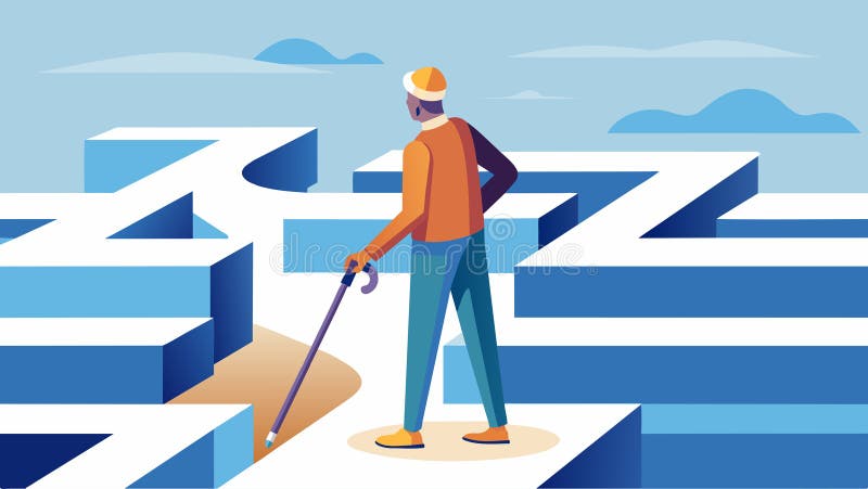 A Man with a Walking Stick Intently Following the Labyrinths Paths His ...