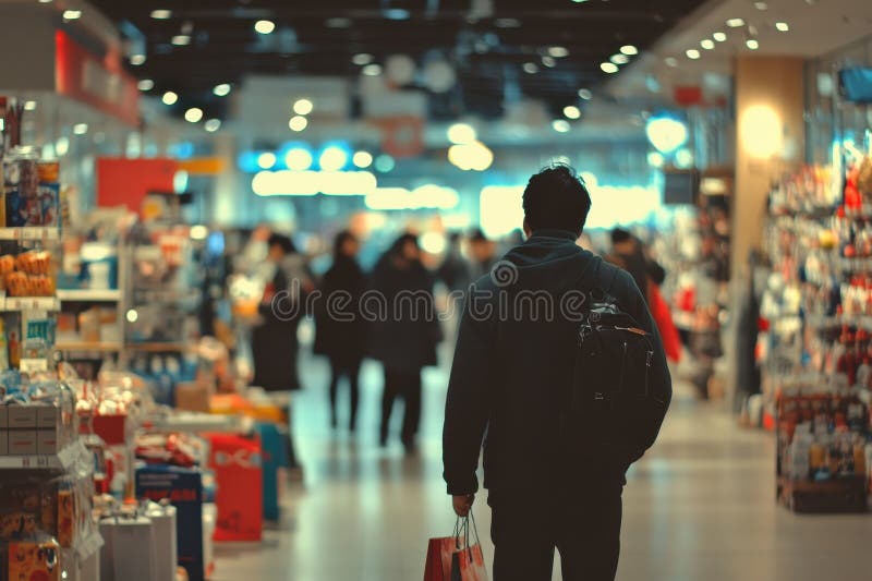 A Man Walking through a Store with a Shopping Bag Stock Illustration ...