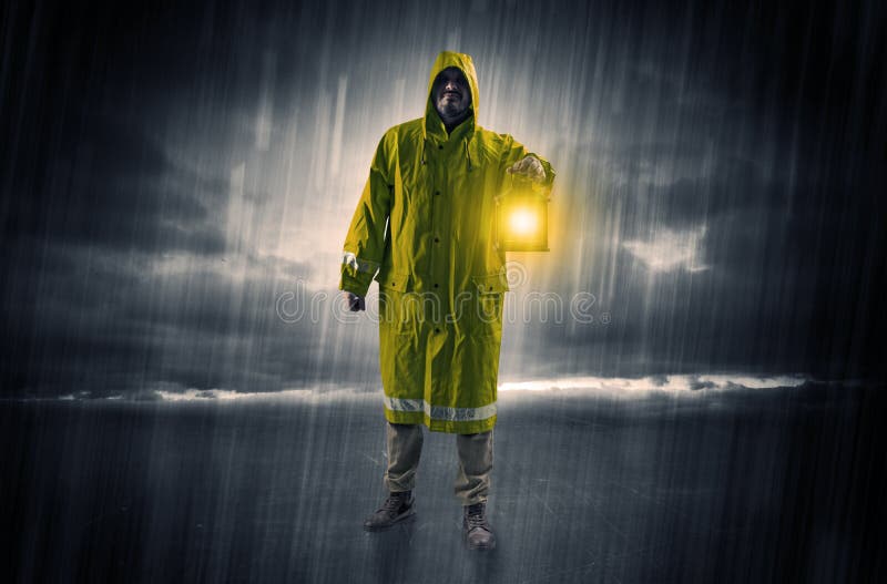 Man Walking in Storm with Lantern Stock Image - Image of guardian ...