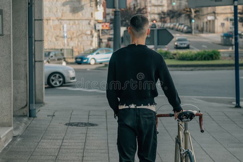 Man Walking on the Street with Bicycle Stock Image - Image of lifestyle ...