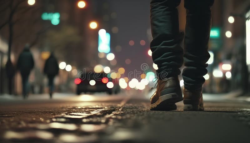 Man Walking on the Street at Night, Shallow Depth of Field. Stock ...