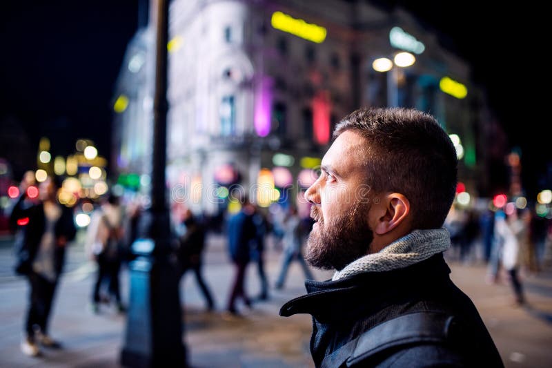 Man Walking in the Streets of London at Night Stock Photo - Image of ...