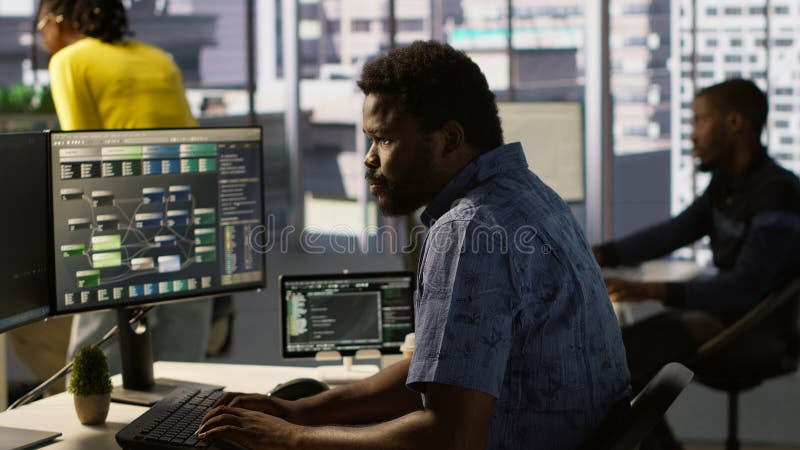 Man Walking With Tablet In Office Fixing Coding Issues Stock Image Image Of Programmer
