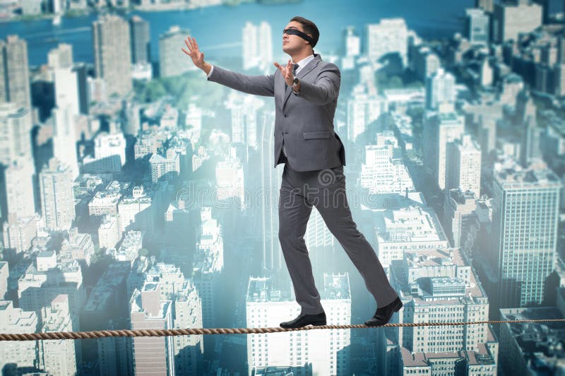 The Man Walking in Tight Rope Blindfold Stock Image - Image of ...