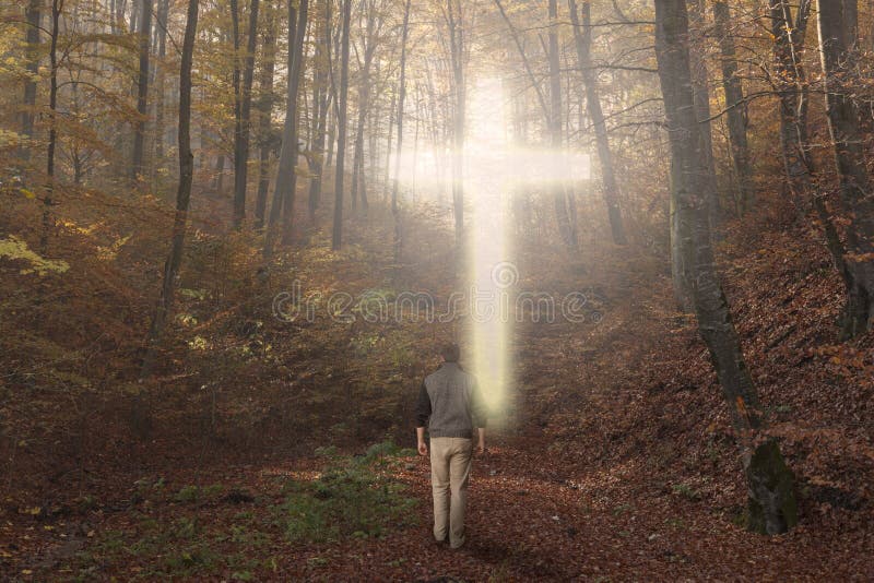 Man Walking To the Cross in a Forest during Autumn Stock Photo - Image ...