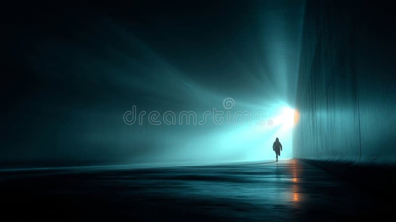 Man Walking Toward Light in Dark Hallway Stock Illustration ...