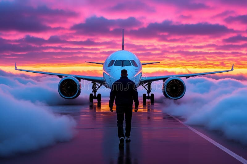 A Man Walking Towards an Airplane on a Runway at Sunset Stock Image ...