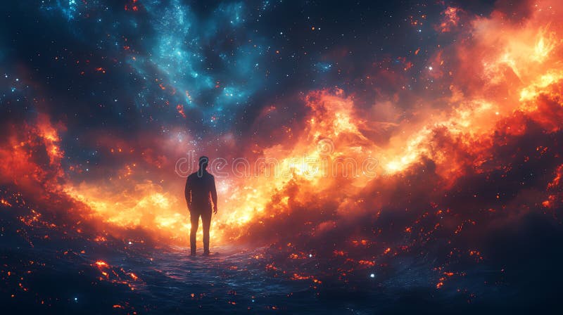 Man Walking Towards Cosmic Fire Nebula Stock Illustration ...
