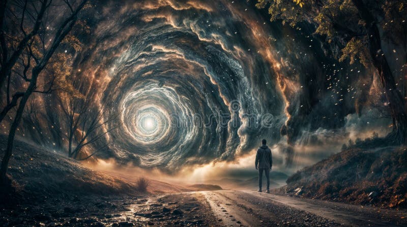 Man Walking Towards a Cosmic Vortex in the Sky Stock Illustration ...