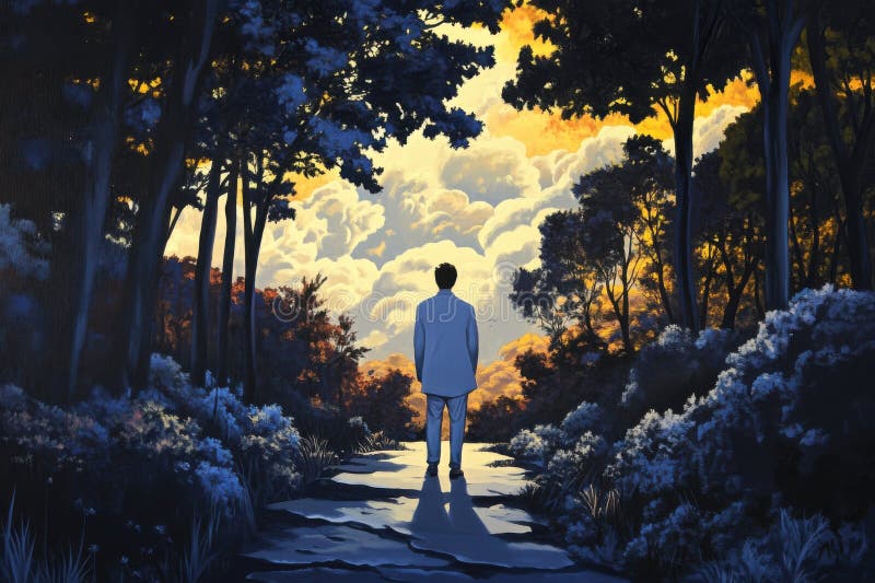 Man Walking Towards Light in Forest Stock Illustration - Illustration ...