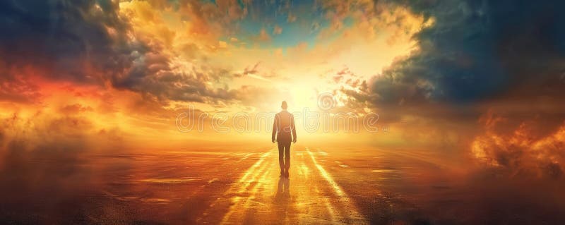 Man Walking Towards the Light of a Sunset Sky Stock Illustration ...