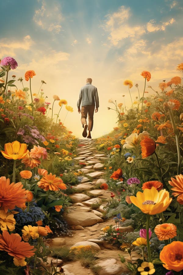 A Man Walking Towards a Radiant Light at the End of a Flower-bordered ...