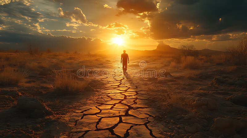 Man Walking Towards Sunset in Cracked Earth Desert Stock Illustration ...