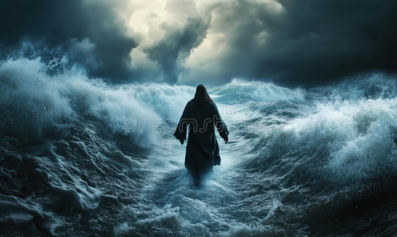 Man Walking through Turbulent Ocean Waves Under Dramatic Stormy Sky ...