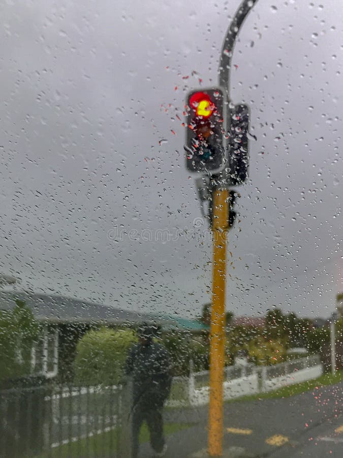 Man Walking Under Traffic Light in the Rain Stock Image - Image of ...