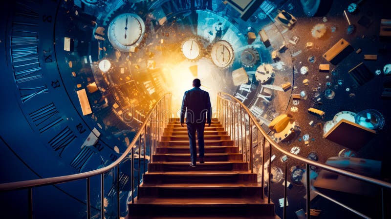 Man Walking Up Flight of Stairs in Front of Clock Tower. Generative AI ...