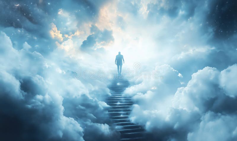 Man Walking Up Stairs into Bright Clouds and Ethereal Light in ...