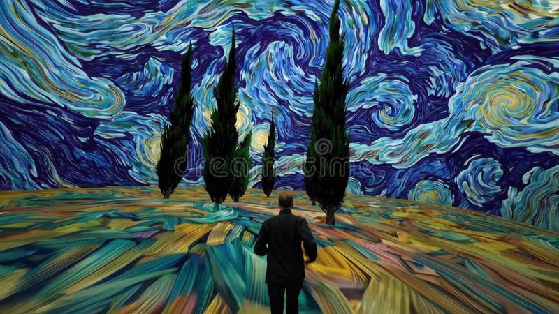 Man Walking into Van Gogh Starry Night 3d Rendered Animation Stock ...