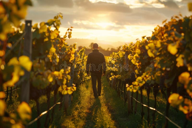Man Walking through a Vineyard during Sunset Stock Photo - Image of ...