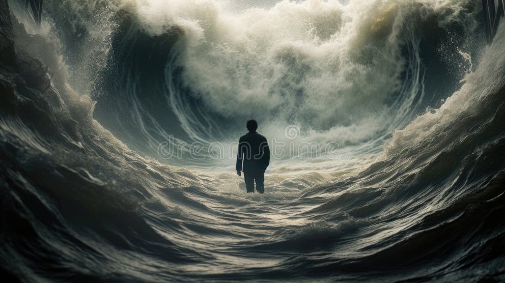 A Man Walking through the Water with the Waves Parted Stock ...