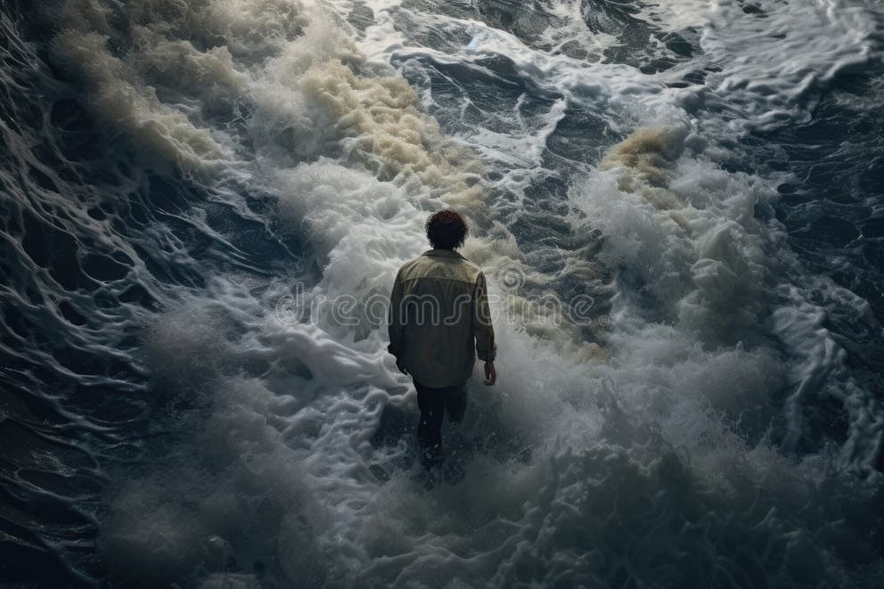 A Man Walking through the Water with the Waves Parted Stock ...