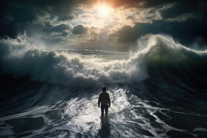A Man Walking through the Water with the Waves Parted Stock ...
