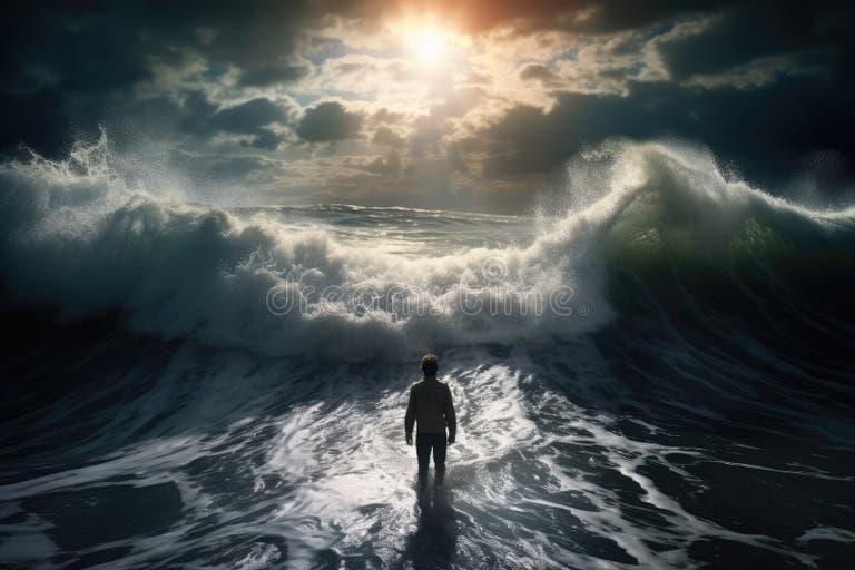 A Man Walking through the Water with the Waves Parted Stock ...