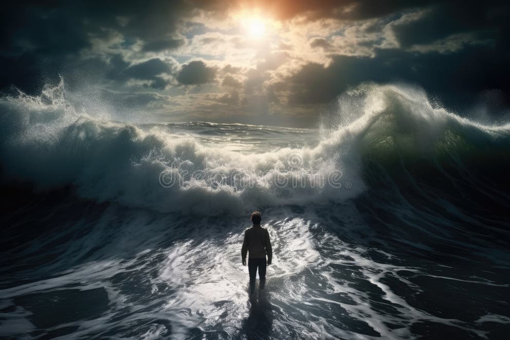 A Man Walking through the Water with the Waves Parted Stock ...
