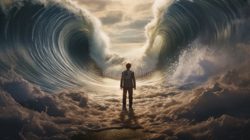 A Man Walking through the Water with the Waves Parted Stock ...
